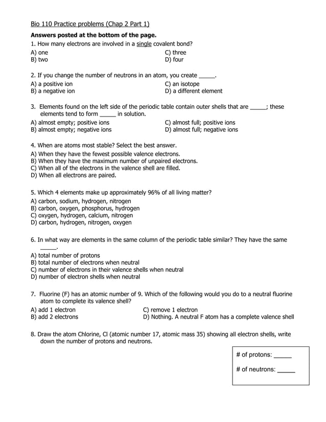 Bio110 practice problems chap2 part1 | PDF