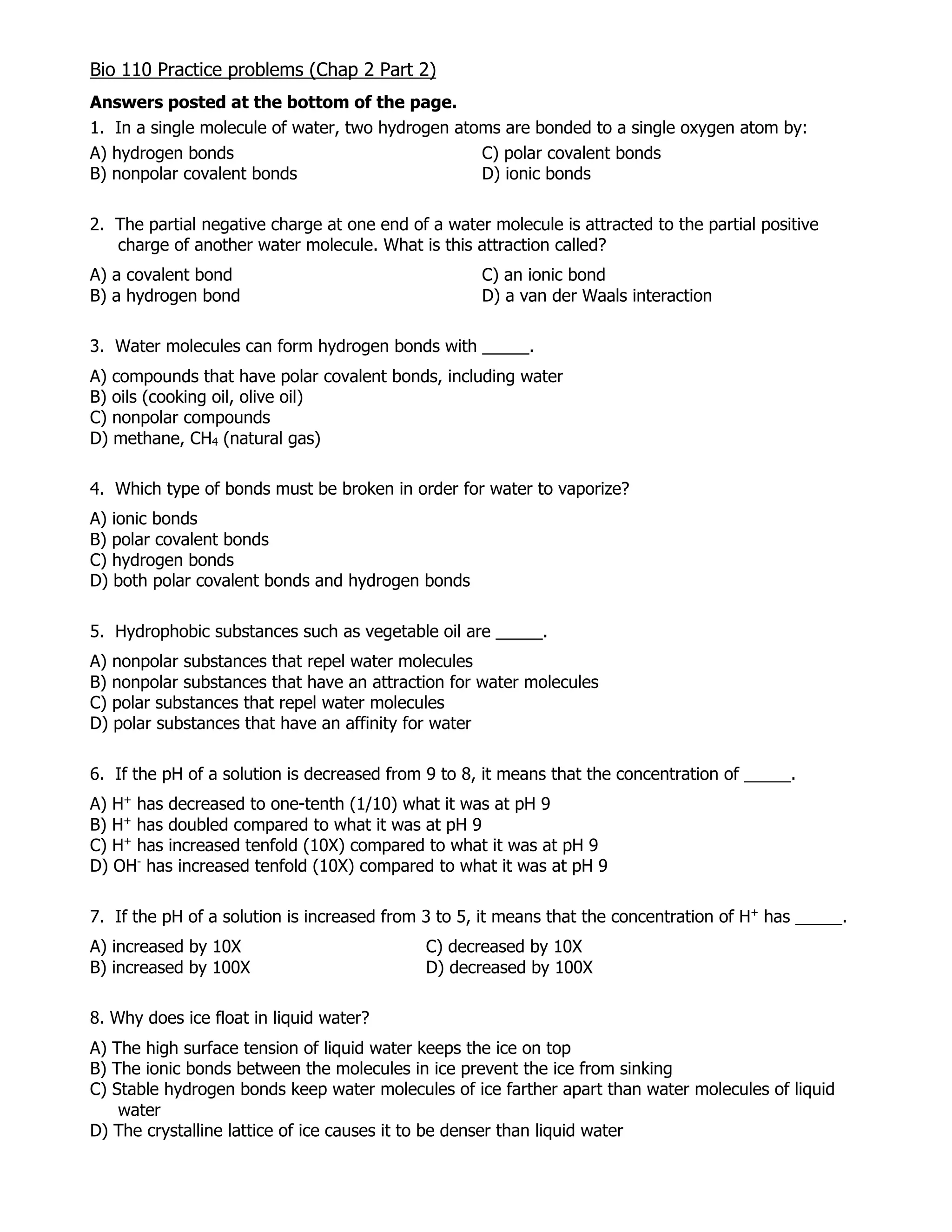 Bio110 practice problems chap2 part2 | PDF | Chemistry | Science