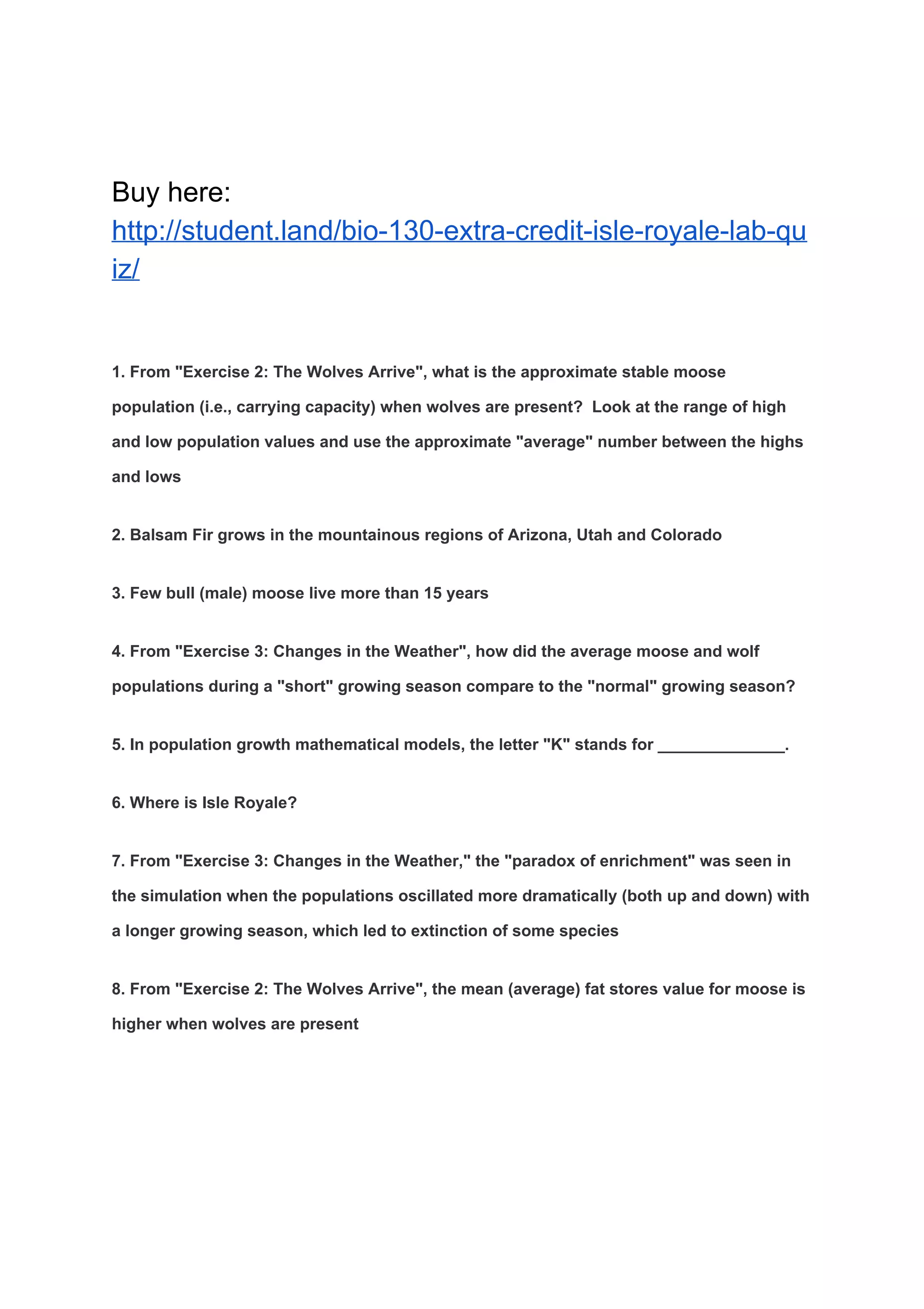 BIO 130 Extra Credit Isle Royale Lab Quiz | PDF