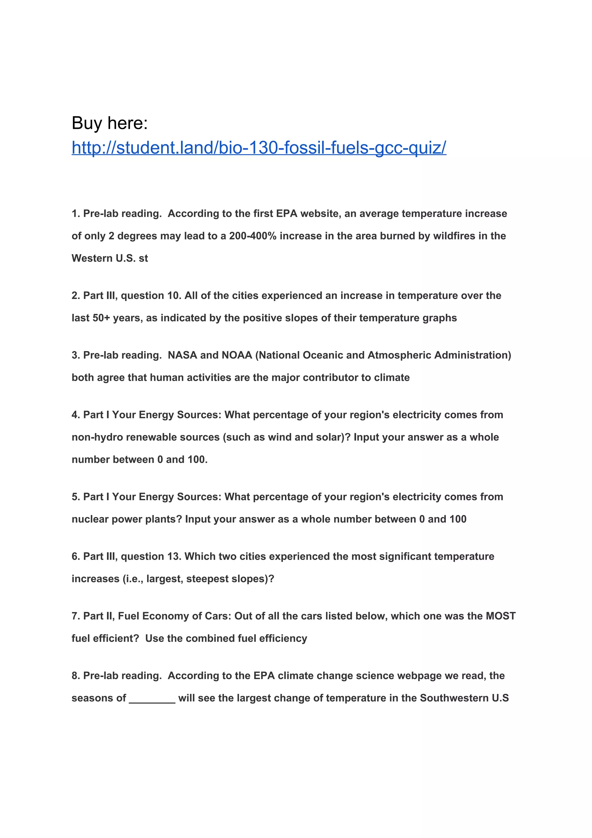 BIO 130 Fossil Fuels & GCC Quiz | PDF
