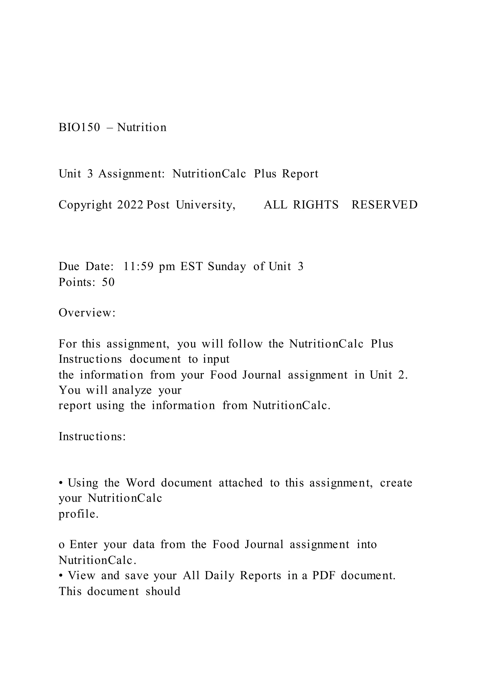 BIO150 – Nutrition Unit 3 Assignment NutritionCalc Plu | DOCX