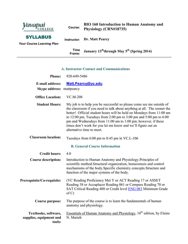 BIO 160 Syllabus Spring 14 | PDF