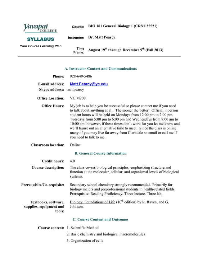 Bio 181 syllabus fall 2013 online | DOCX