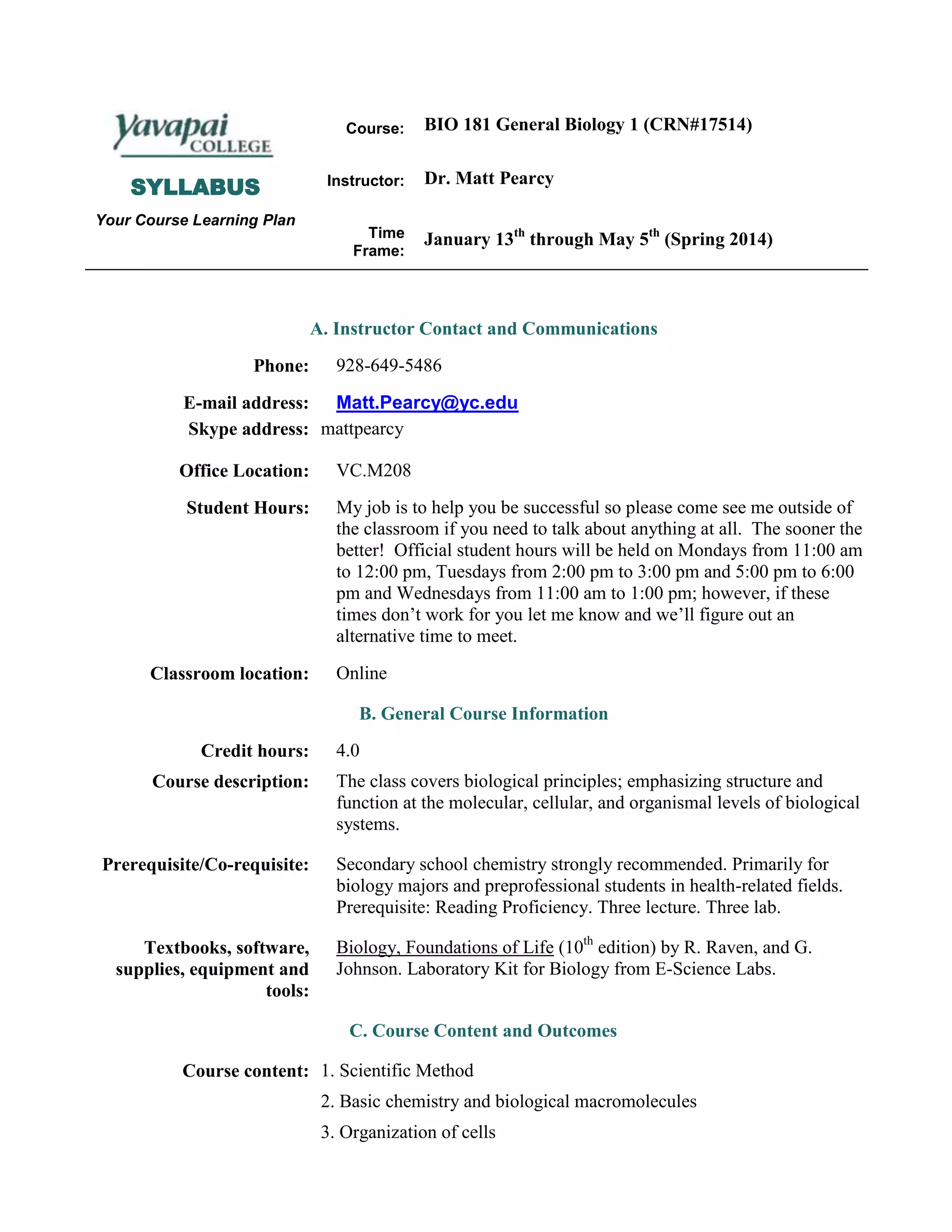 Bio 181 syllabus spring 2014 | DOCX