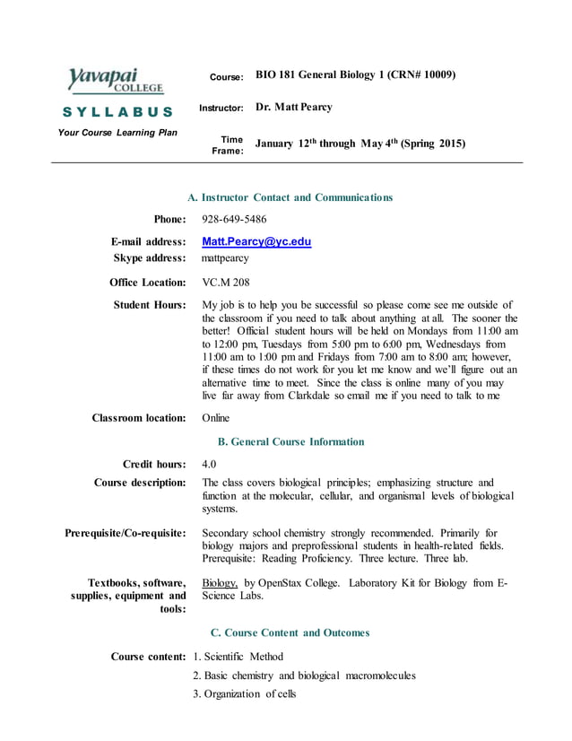 Bio 181 syllabus spring 2015 | DOCX | Standardized Testing ...