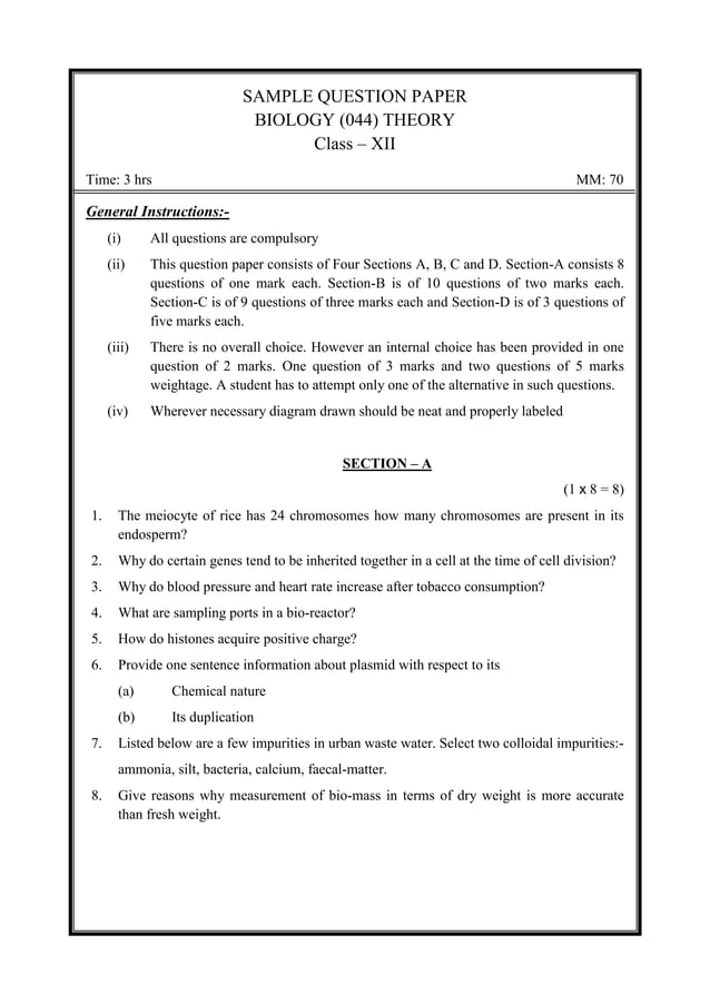 CBSE XII BIOLOGY SAMPLE PAPER BY KENDRIYA VIDYALAYA | PDF