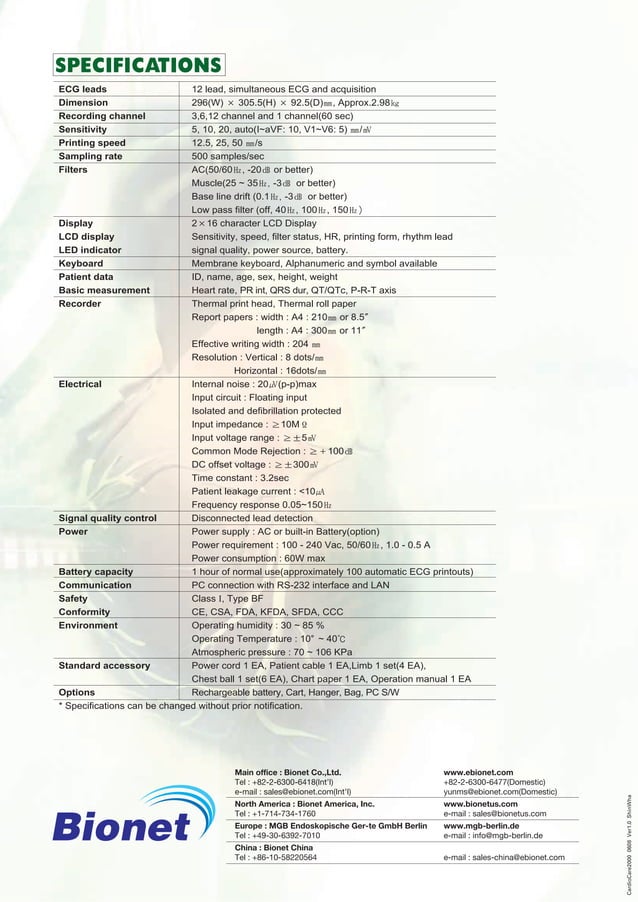 Bionet 2000 Ekg machine brochure | PDF