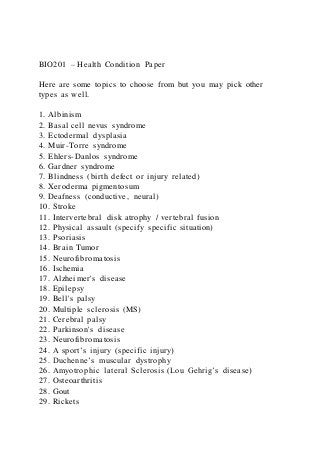 BIO201 – Health Condition Paper Here are some topics to choose | PDF