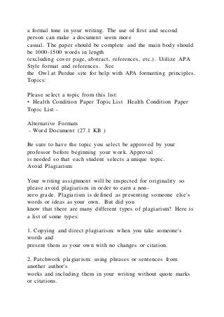 BIO201 – Health Condition Paper Here are some topics to choose | PDF