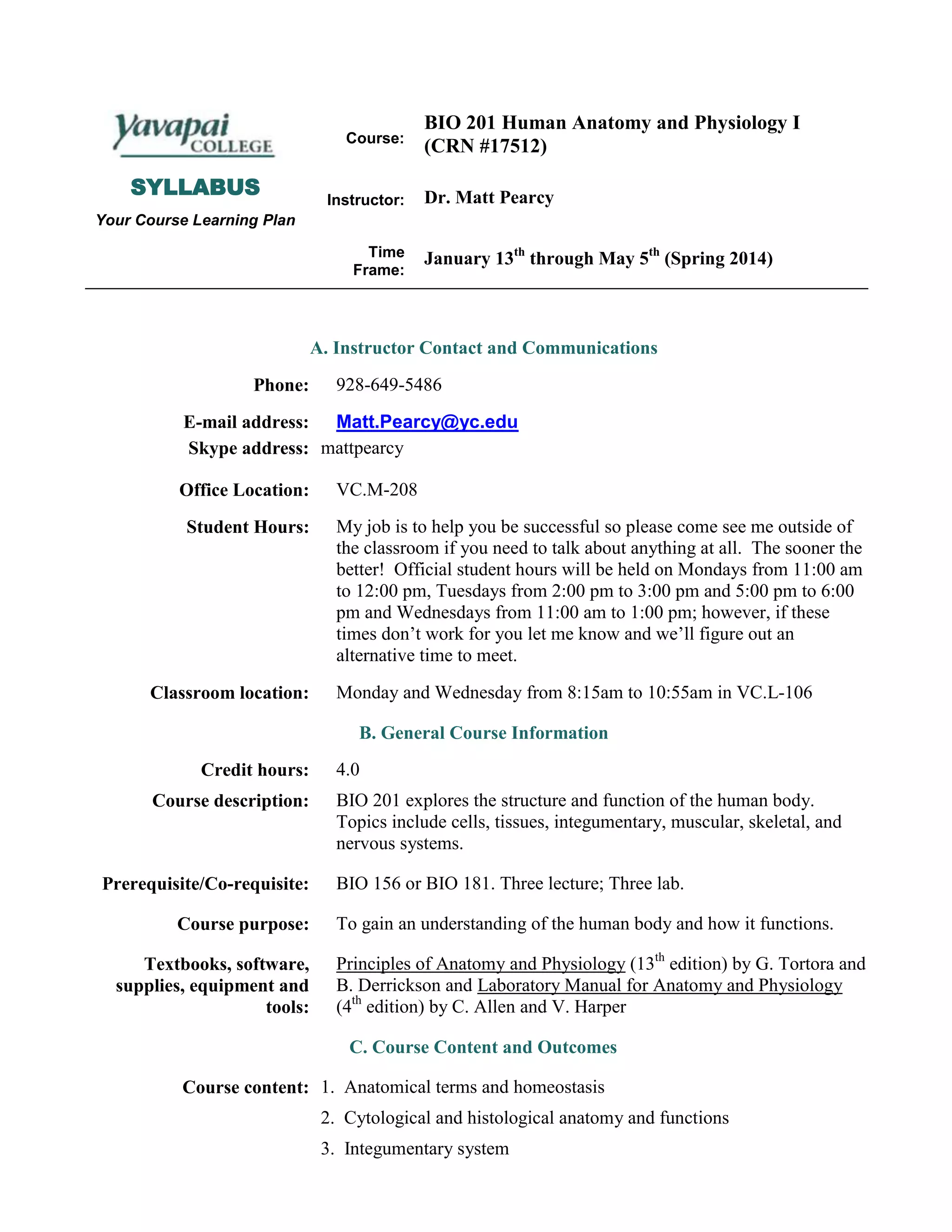 BIO 201 Syllabus Spring 2014 | PDF