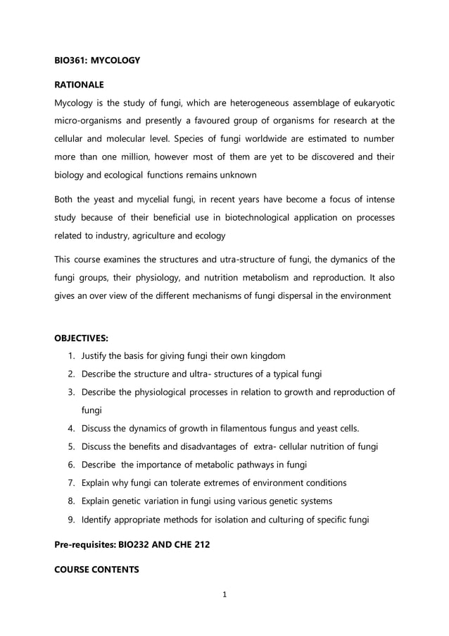 Bio361 mycology course outline | PDF