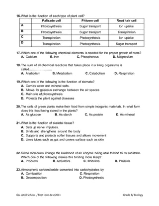 Bio 8 first term exam 2011 | DOCX