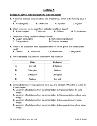 Bio 8 first term exam 2011 copy | DOCX