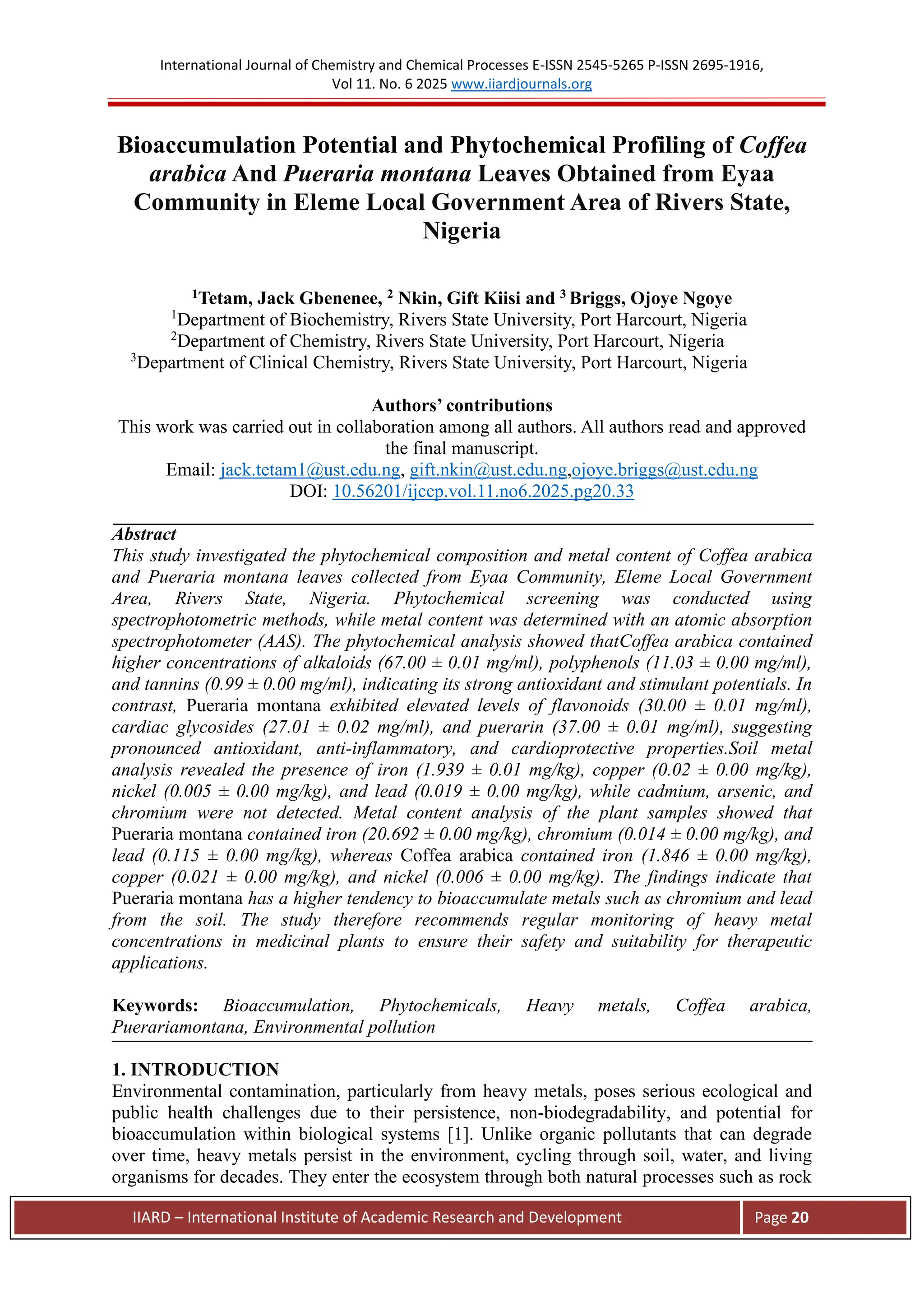 Bioaccumulation Potential and Phytochemical Profiling of Coffea arabica ...