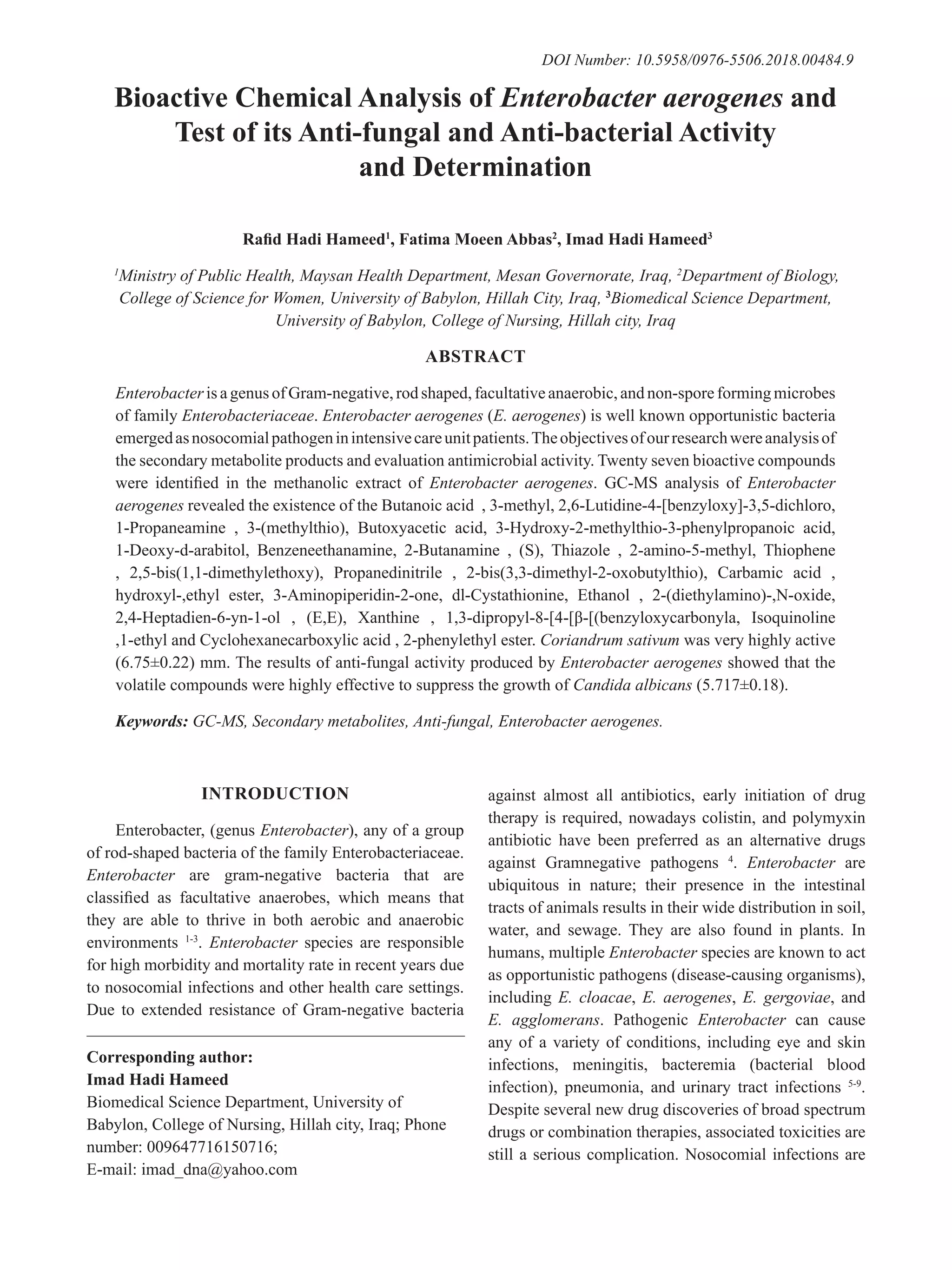 Bioactive chemical analysis of enterobacter aerogenes and test of its ...
