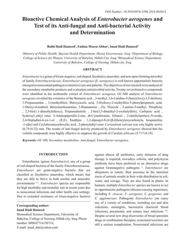 Bioactive chemical analysis of enterobacter aerogenes and test of its ...