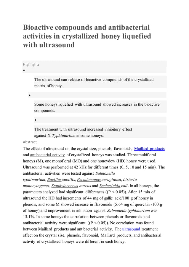 Bioactive compounds and antibacterial activities in crystallized honey liquefied with ultrasound ...
