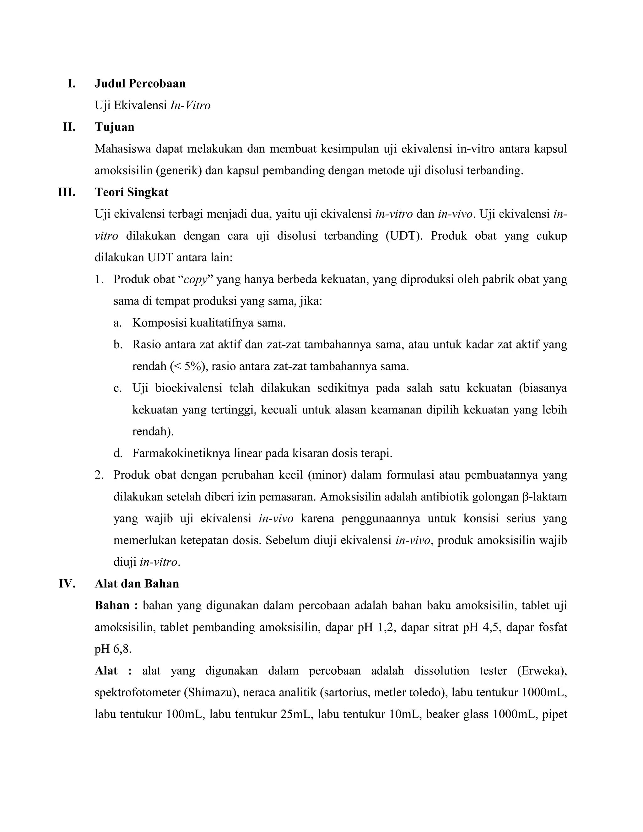 Laporan Praktikum Bioanalisis - Uji Ekivalensi In Vitro | PDF