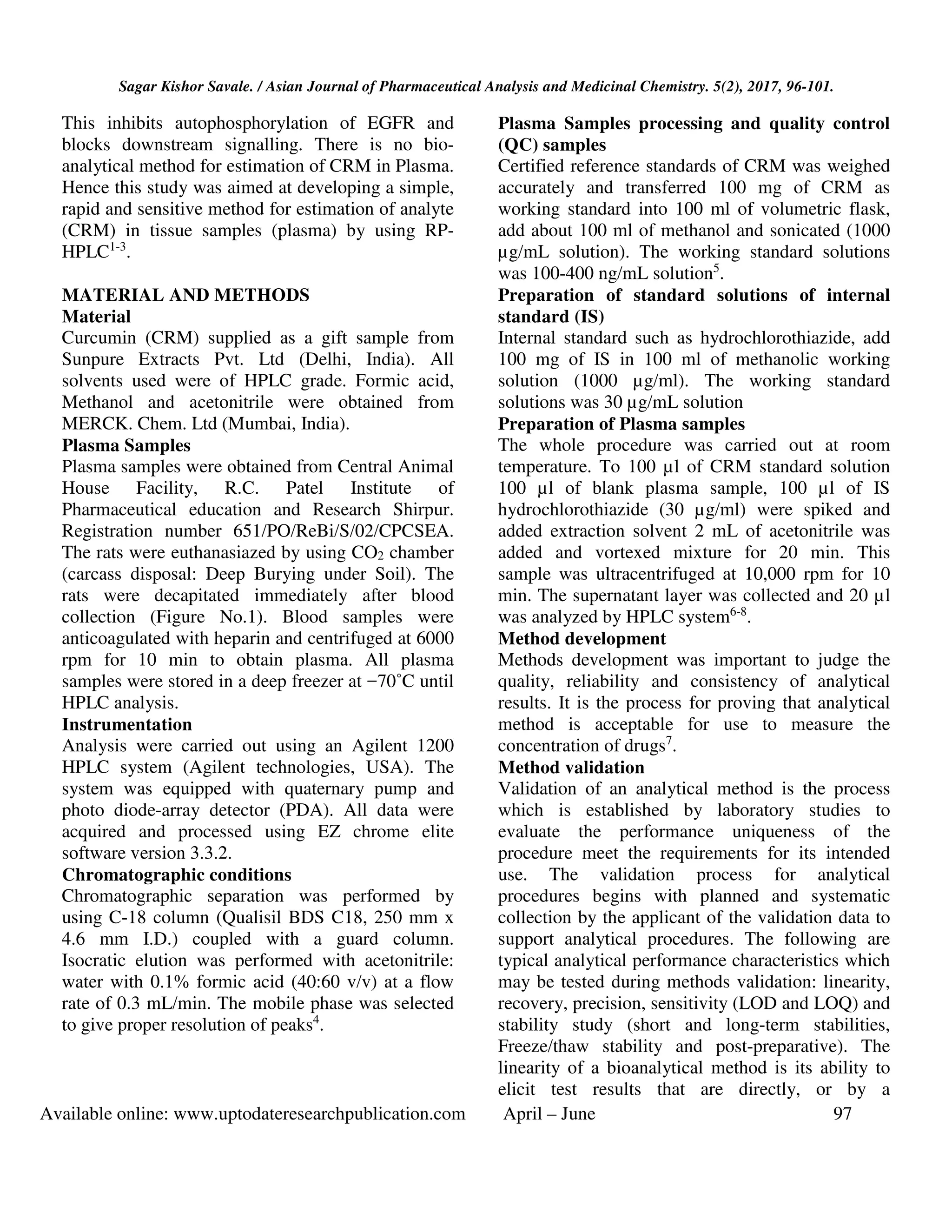 Bioanalytical Rp Hplc Method Development And Validation For Estimation Of Curcumin In Plasma
