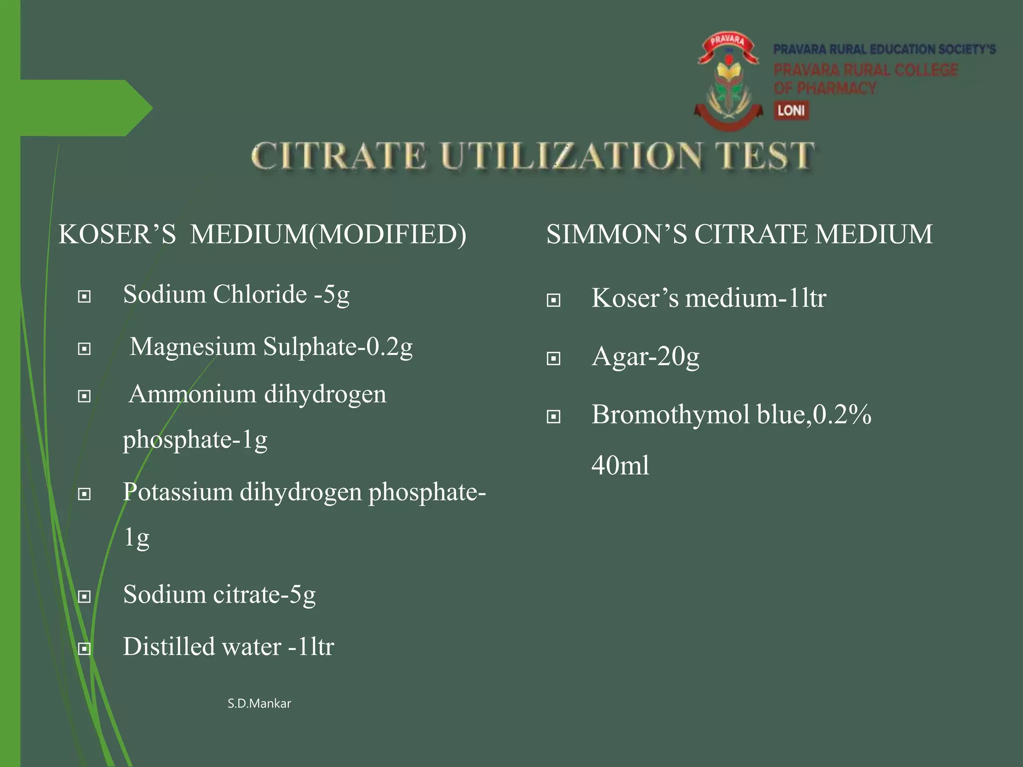 Biochemical test for identification of Bacteria | PPTX