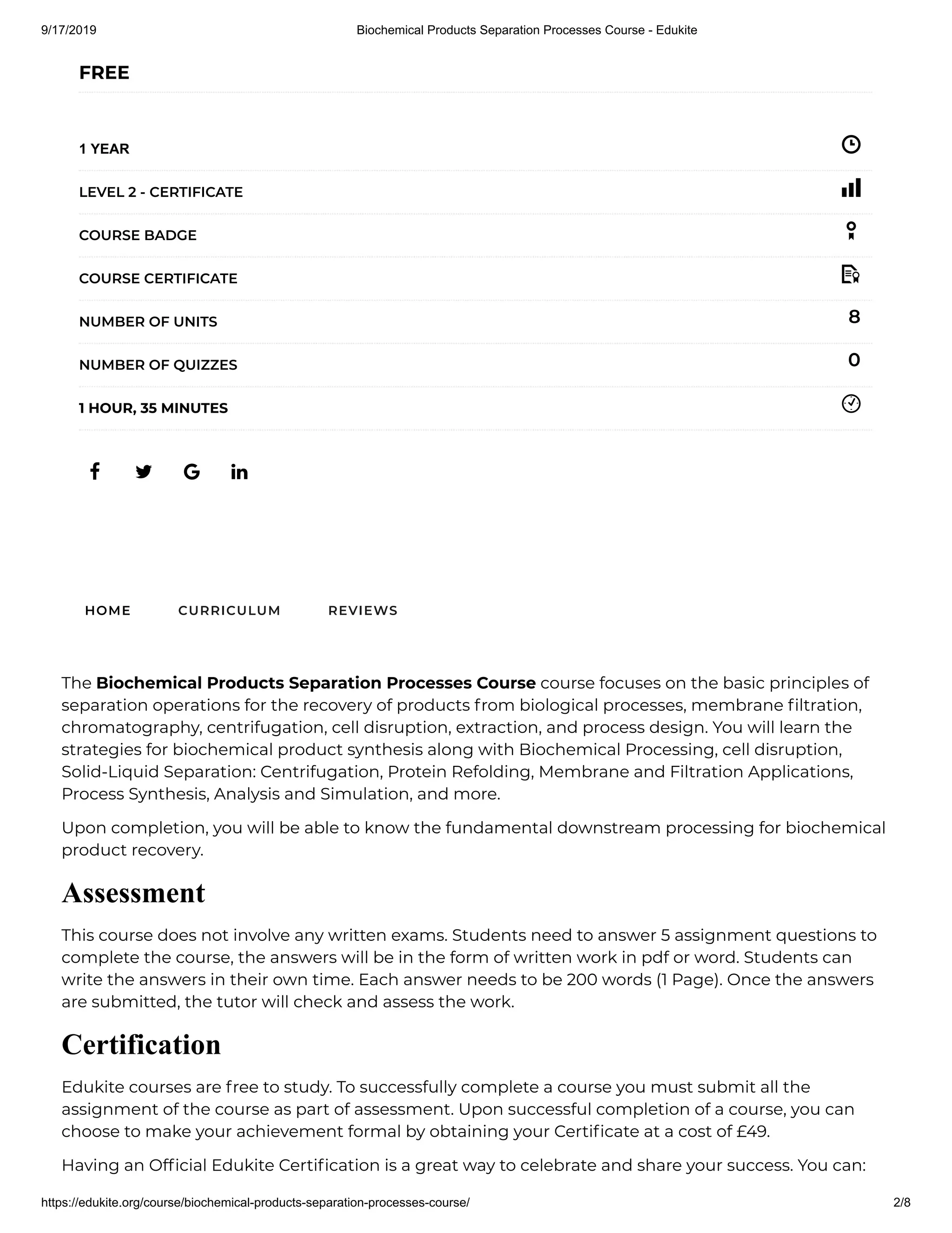 Biochemical Products Separation Processes Course - Edukite | PDF