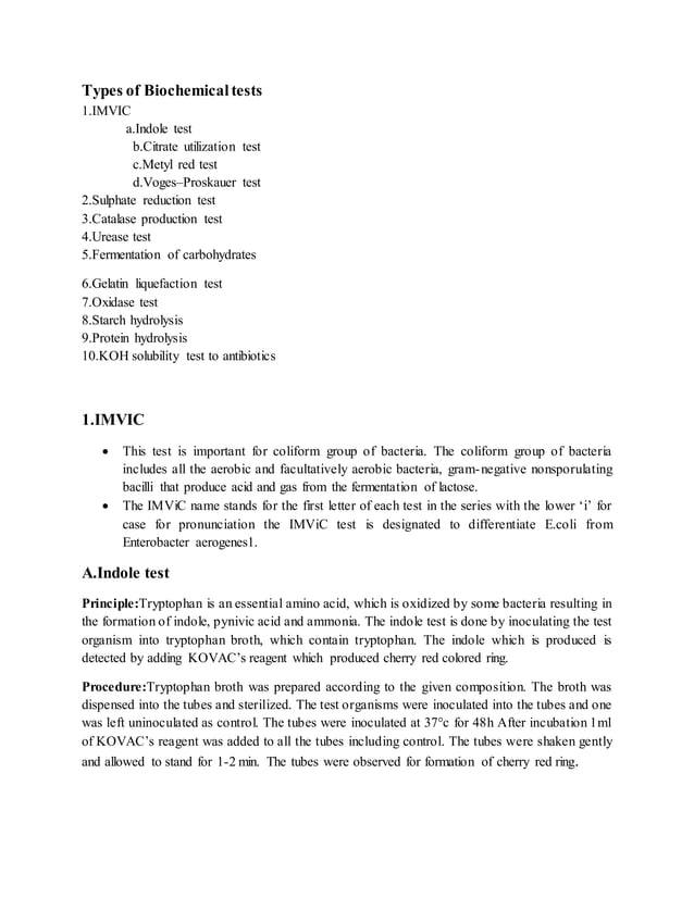 Biochemical tests and physiological tests for various groups of ...