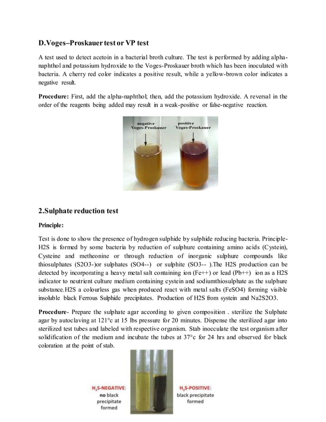 Biochemical tests and physiological tests for various groups of ...