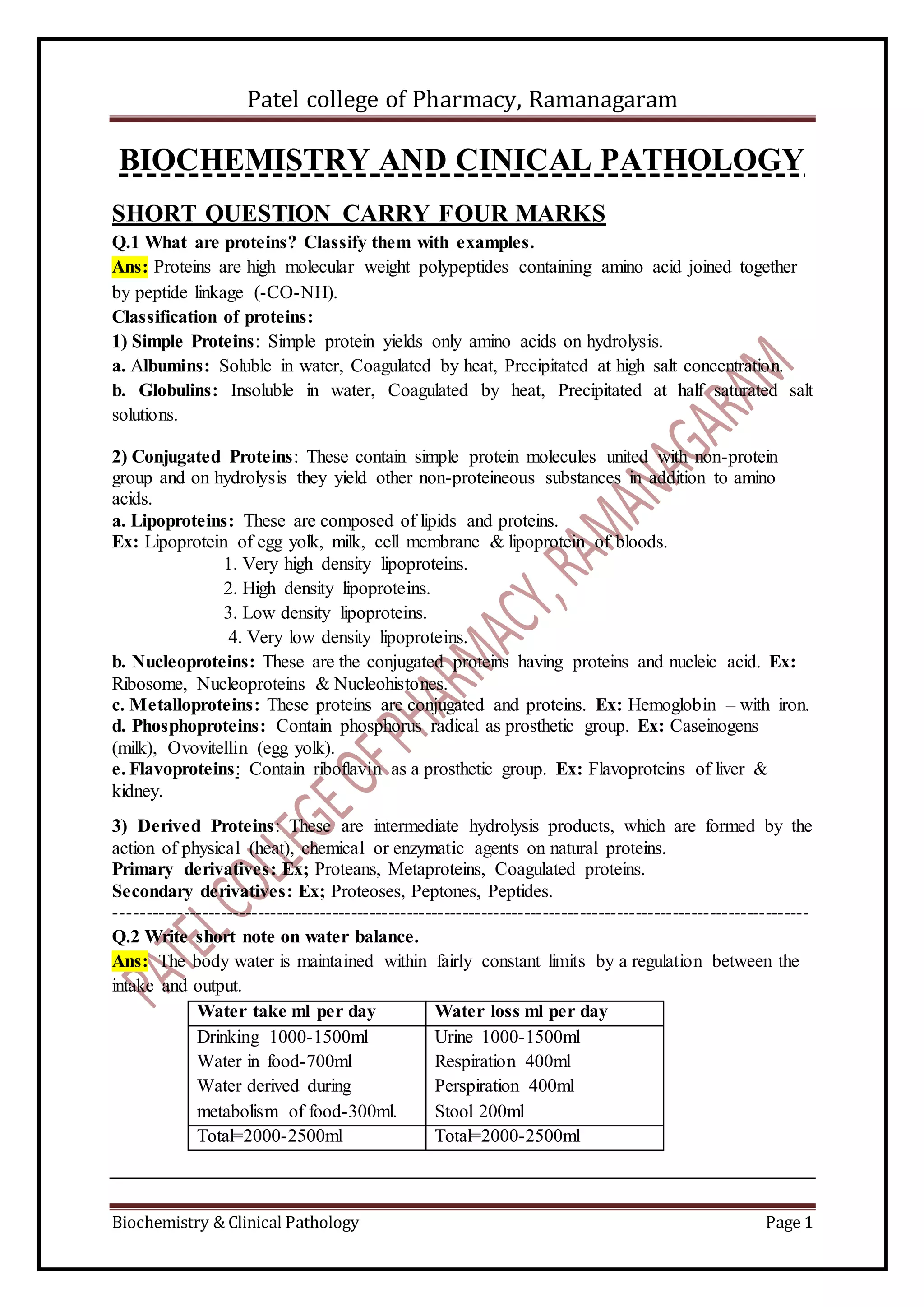 Biochemistry Biochemistry and clinical pathology -NOTES | DOCX