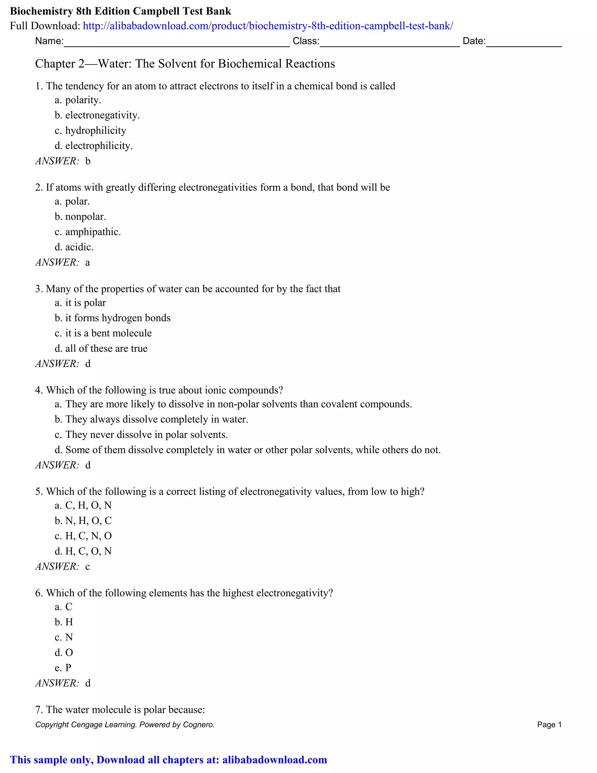 Biochemistry 8th Edition Campbell Test Bank | PDF