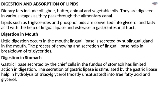 LIPIDS Digestion, absorption and metabolism of lipids and related ...