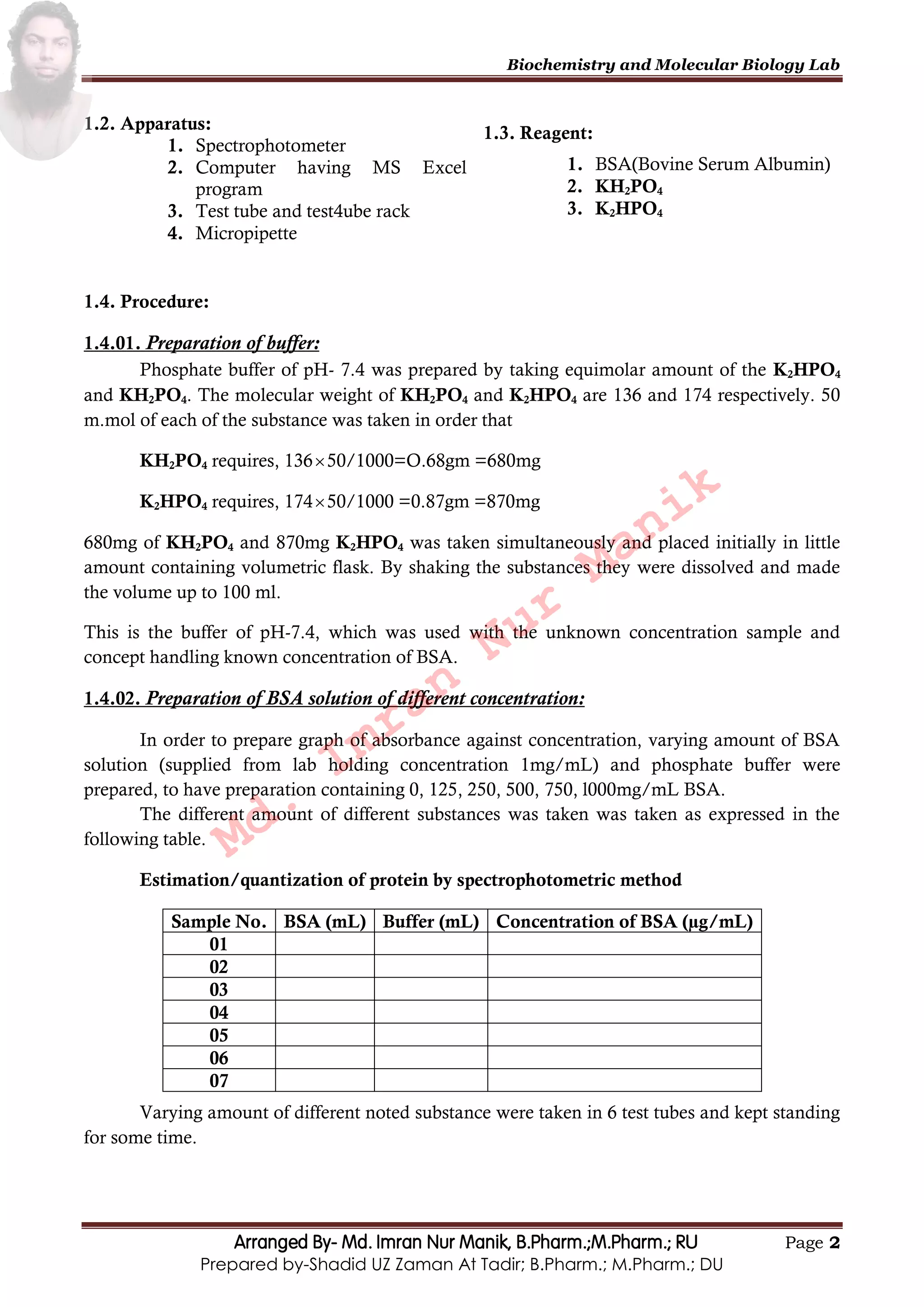 Biochemistry and molecular biology lab MANIK | PDF