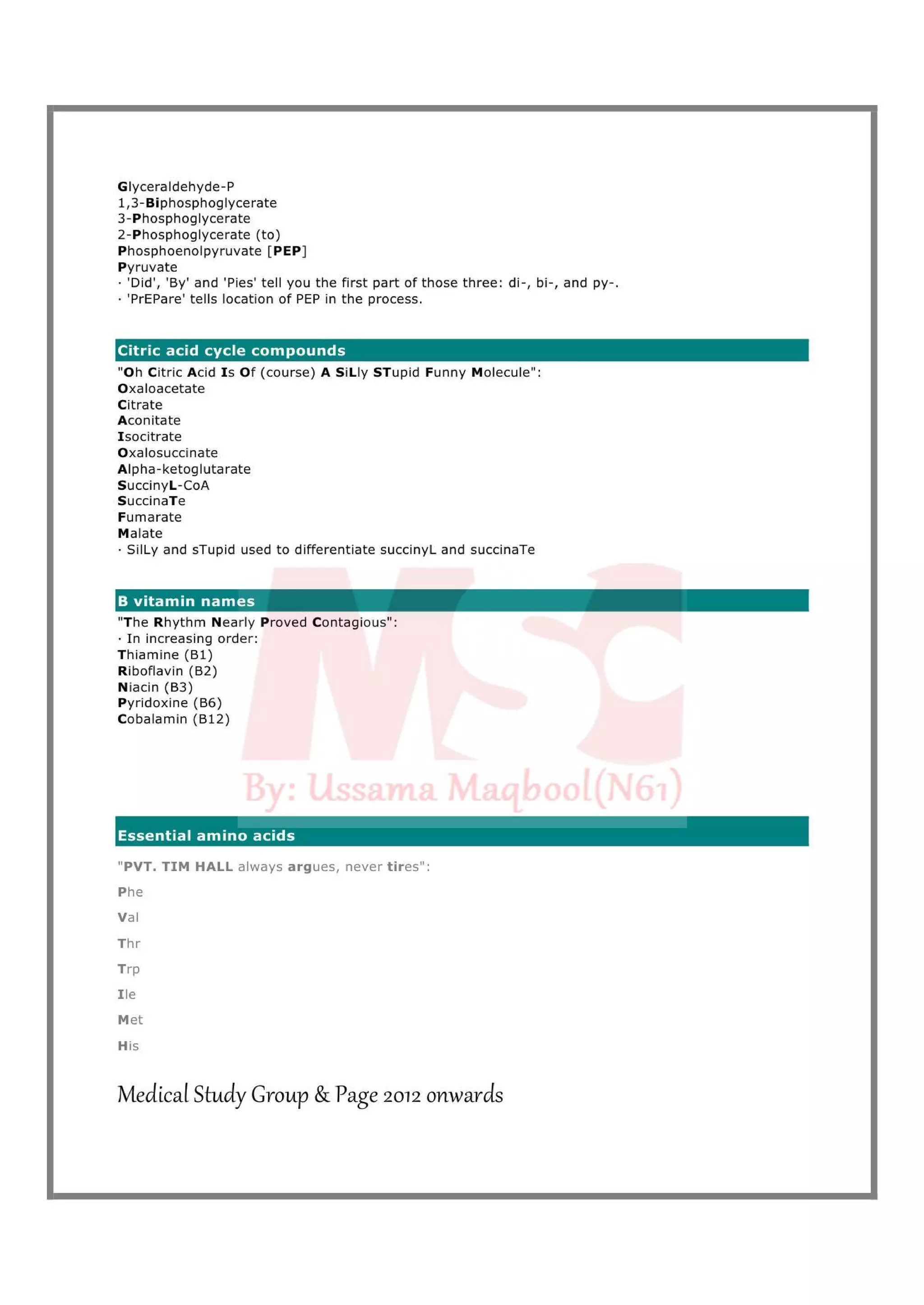 Biochemistry mnemonics | PDF