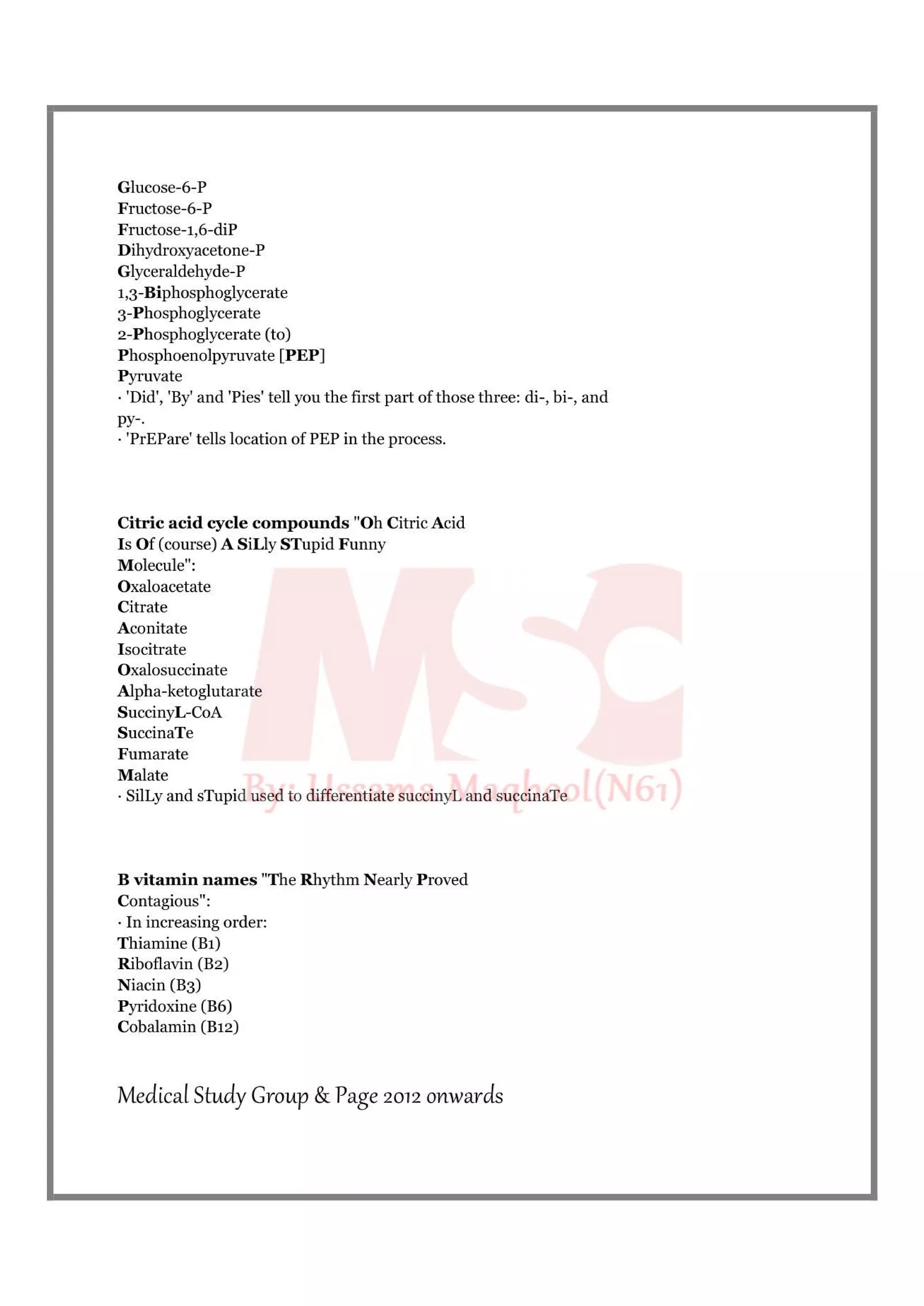 Biochemistry mnemonics | PDF
