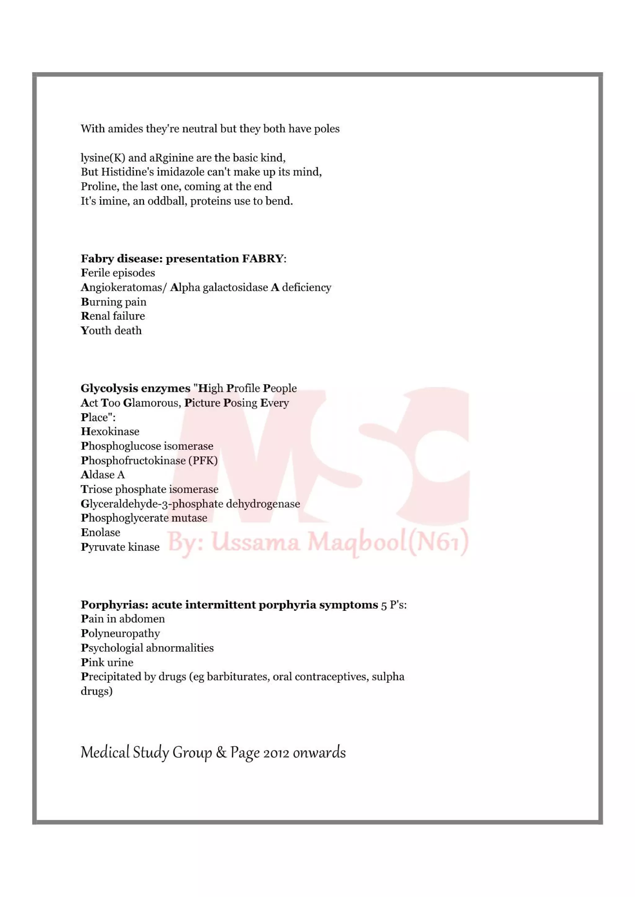 Biochemistry mnemonics | PDF