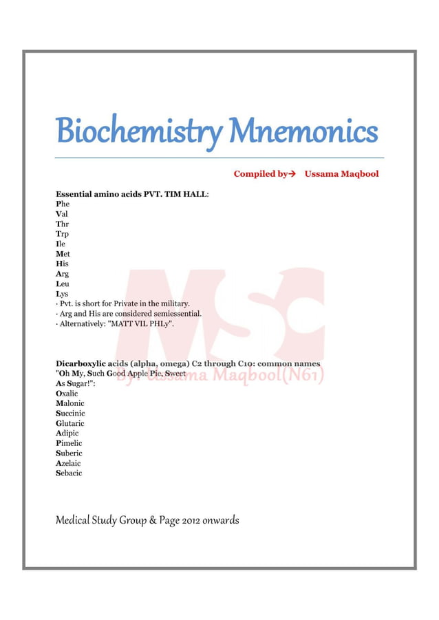 Biochemistry mnemonics | PDF
