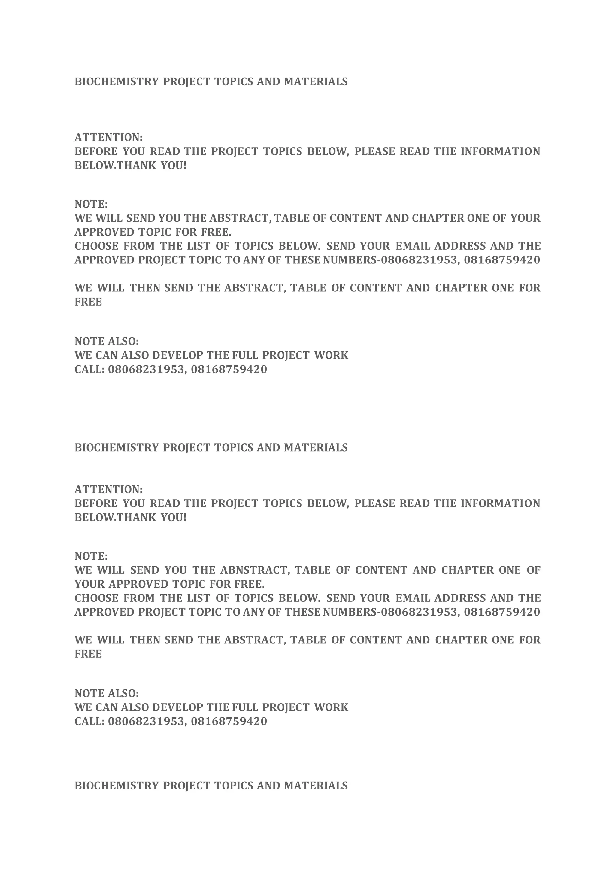 Biochemistry project topics and materials | DOCX