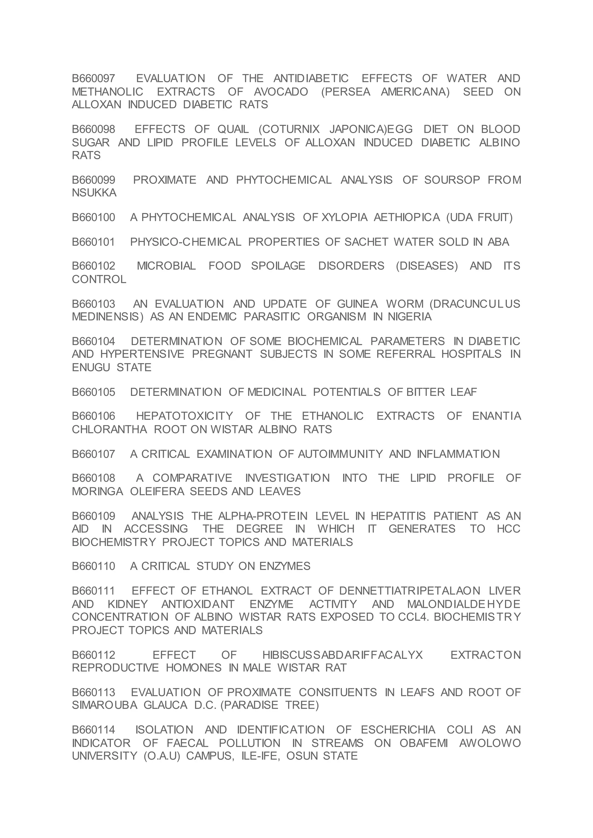 Biochemistry project topics and materials | DOCX