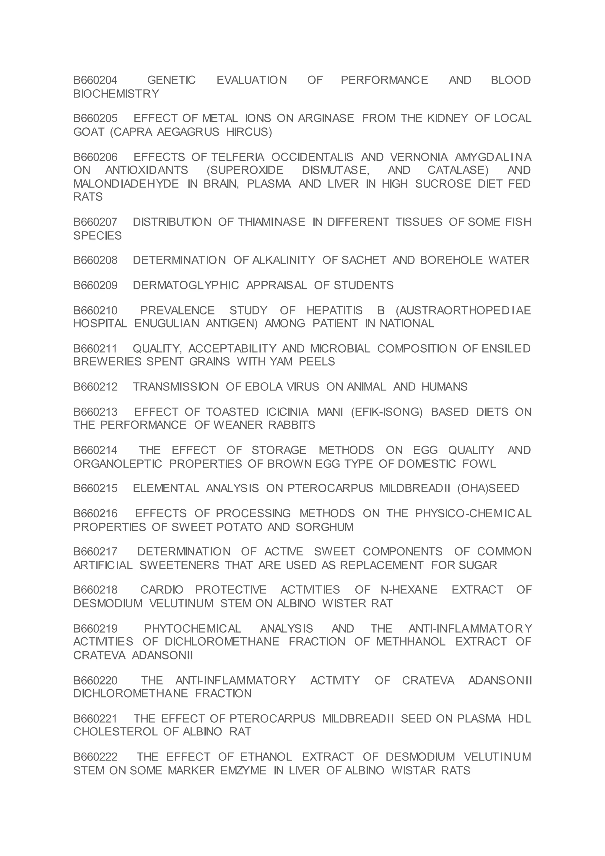 Biochemistry project topics and materials | DOCX