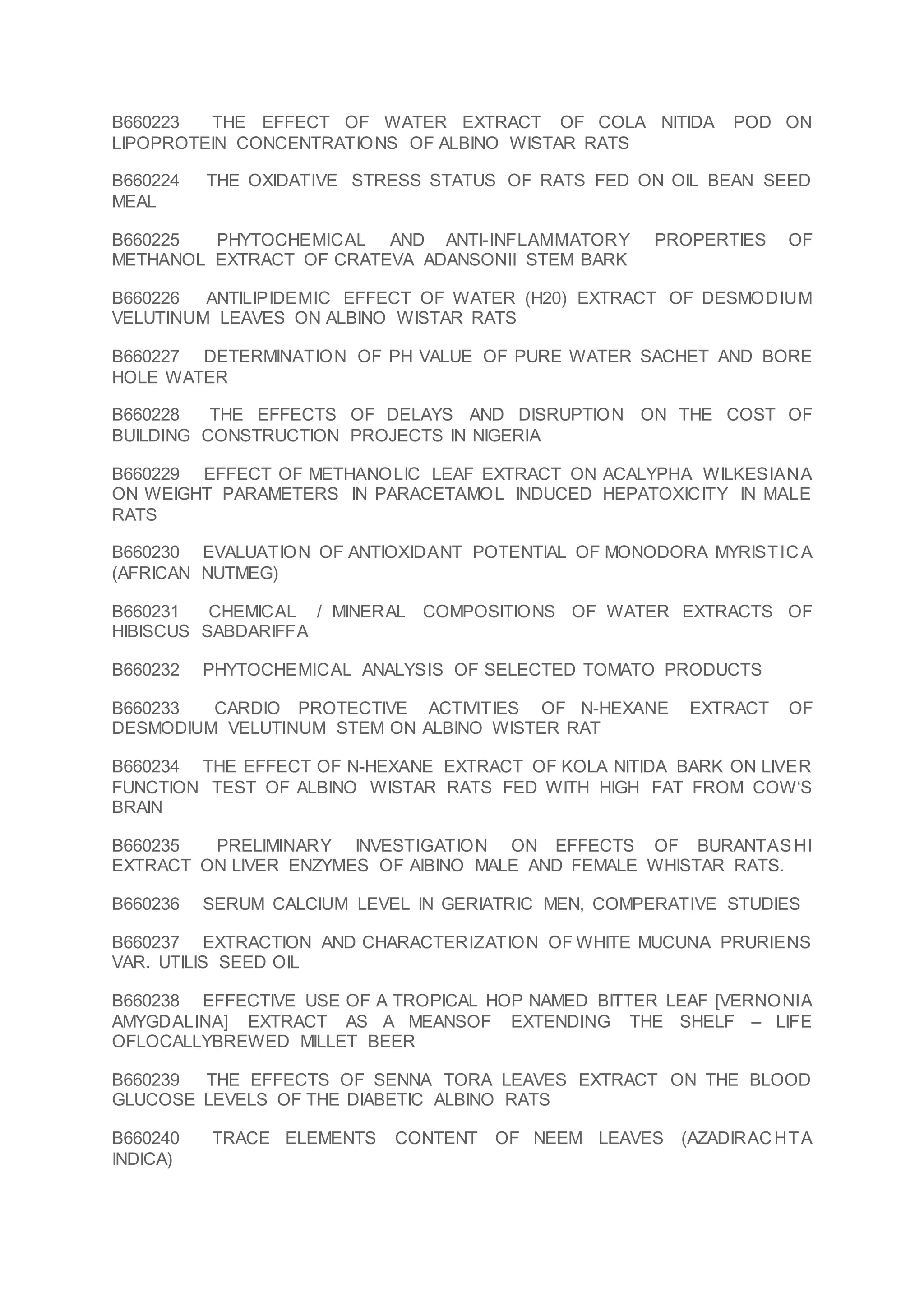 Biochemistry project topics and materials | DOCX