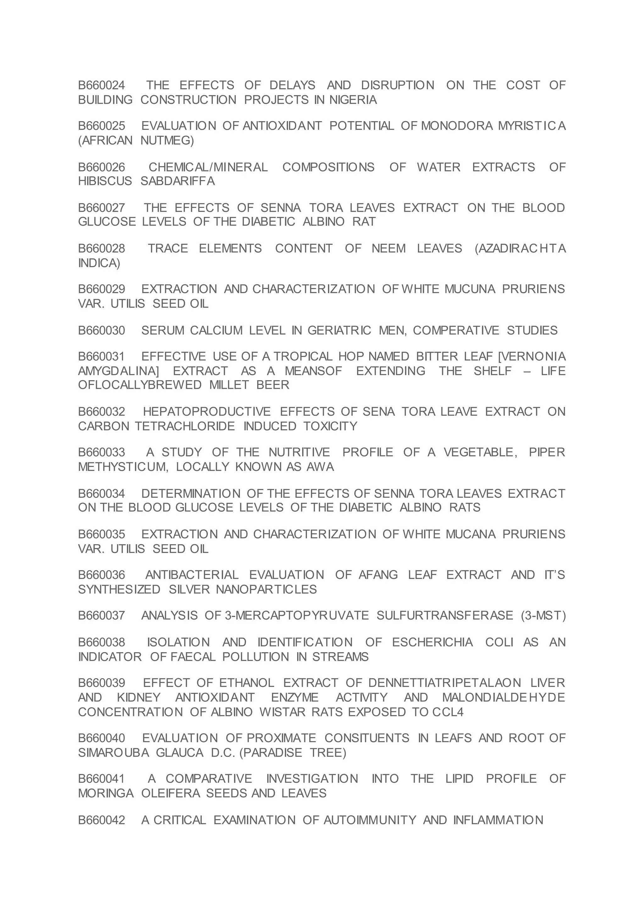 Biochemistry project topics and materials | DOCX