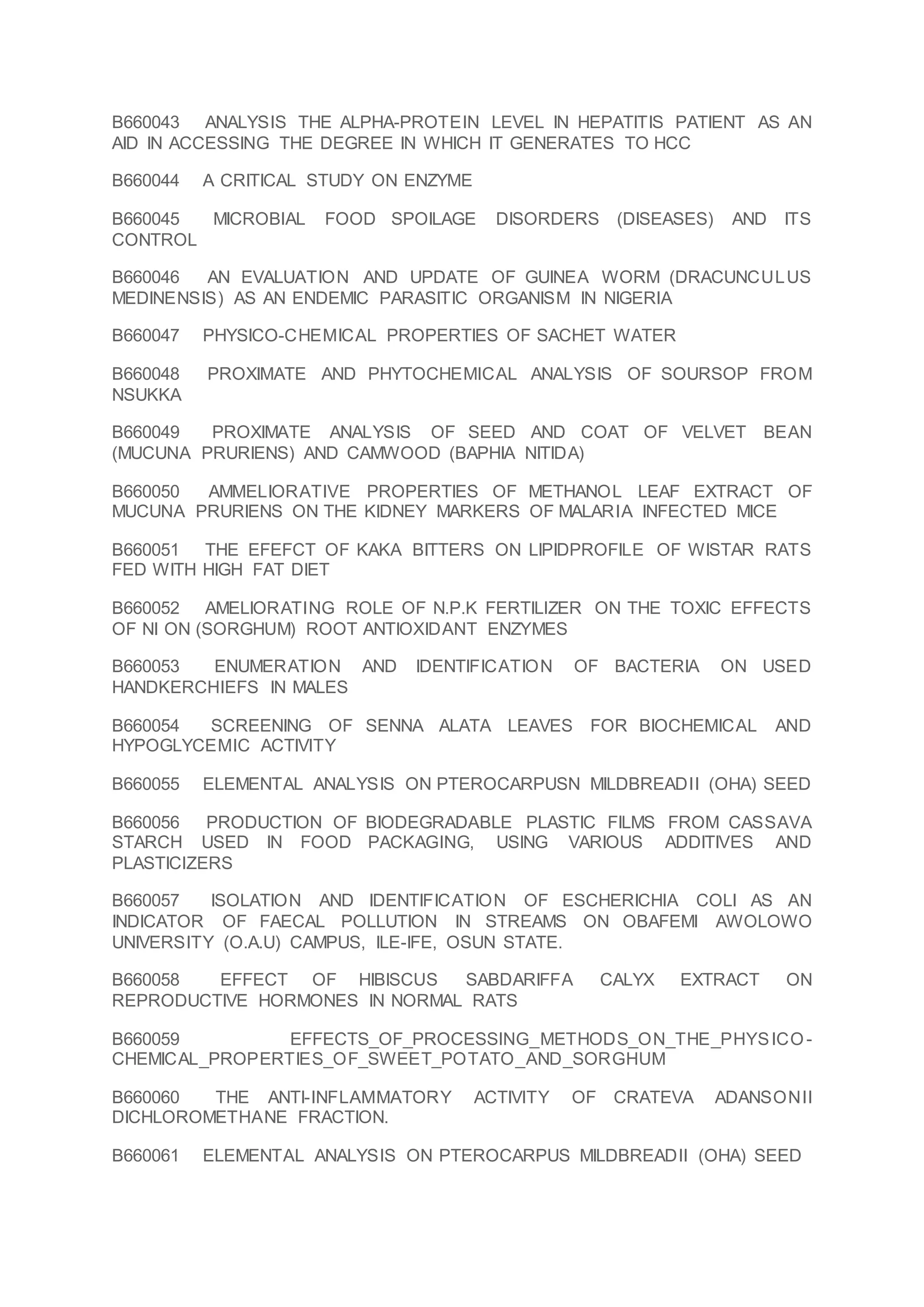 Biochemistry project topics and materials | DOCX
