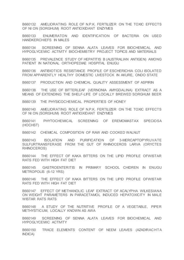 Biochemistry project topics and materials | DOCX | Herbs and ...