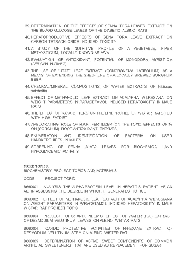 Biochemistry project topics and materials | DOCX | Herbs and ...