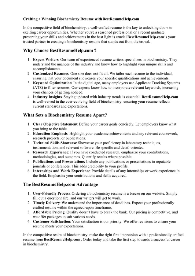 Biochemistry Resume. Why Choose BestResumeHelp.com