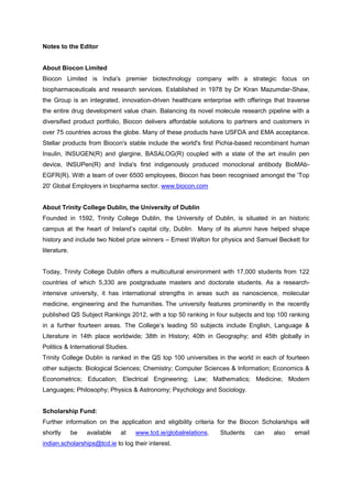 Biocon Partners with Trinity College Dublin to Fund Scholarships in Genetics Research for Indian ...