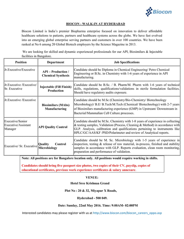 Biocon Walk in Interviews at Hyderabad on May 22, 2016 | PDF