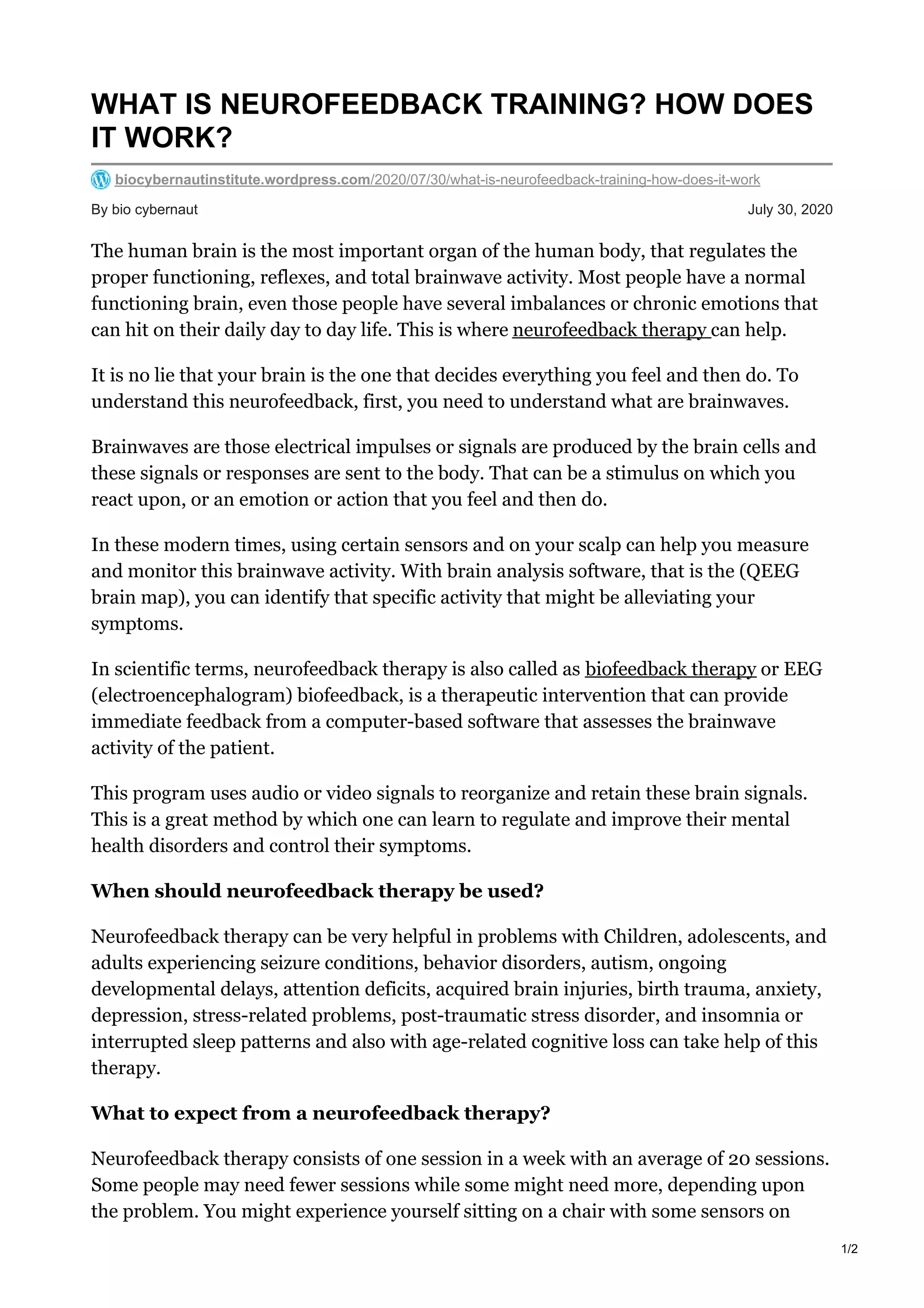 WHAT IS NEUROFEEDBACK TRAINING? HOW DOES IT WORK? | PDF | Physical ...