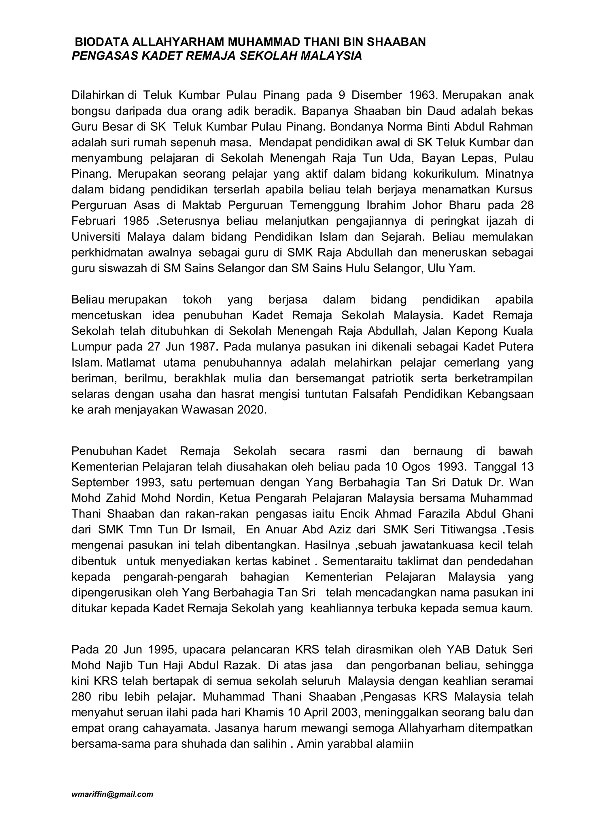 Biodata allahyarham muhammad thani bin shaaban | PDF