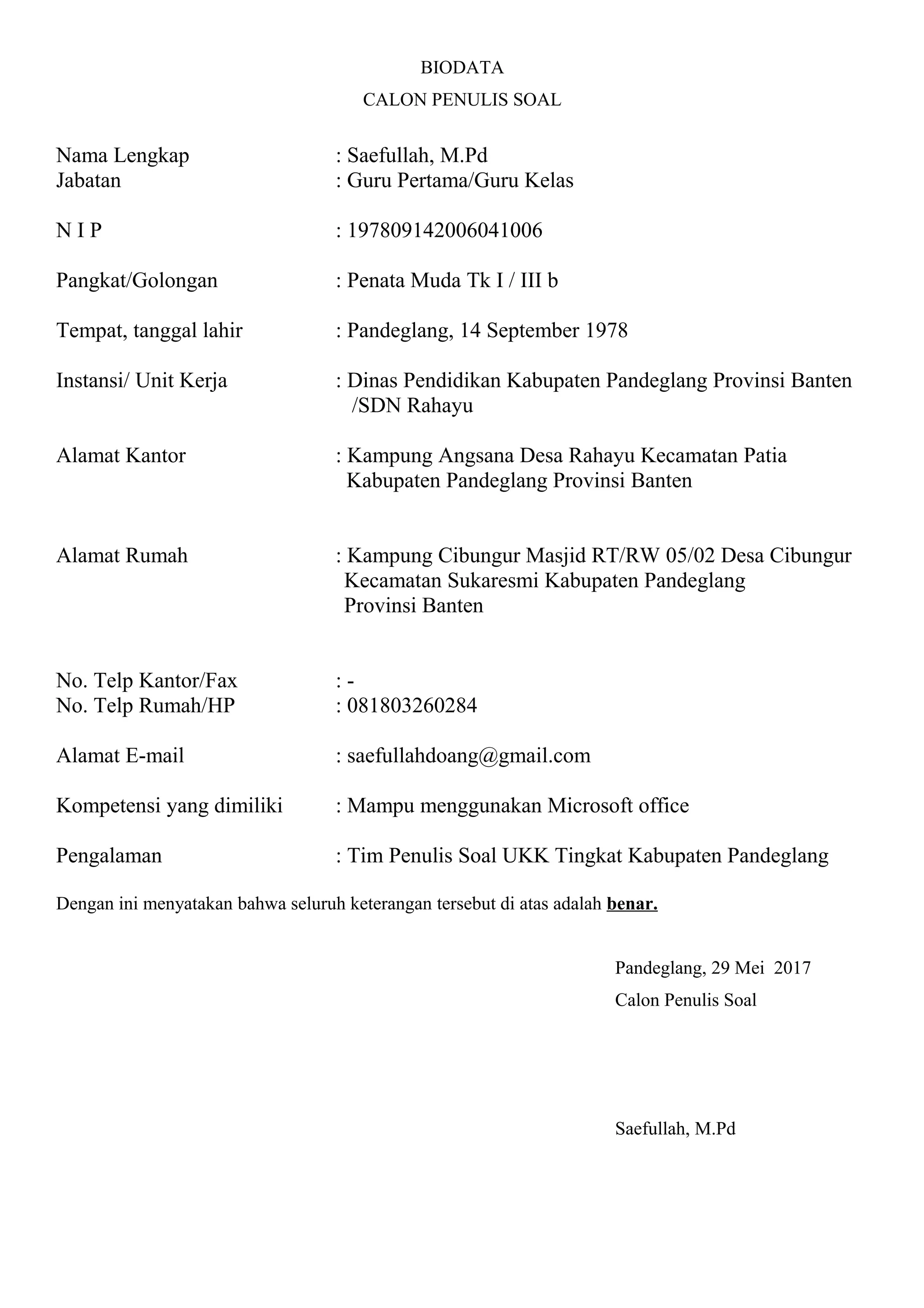 Biodata calon penulis soal | PDF