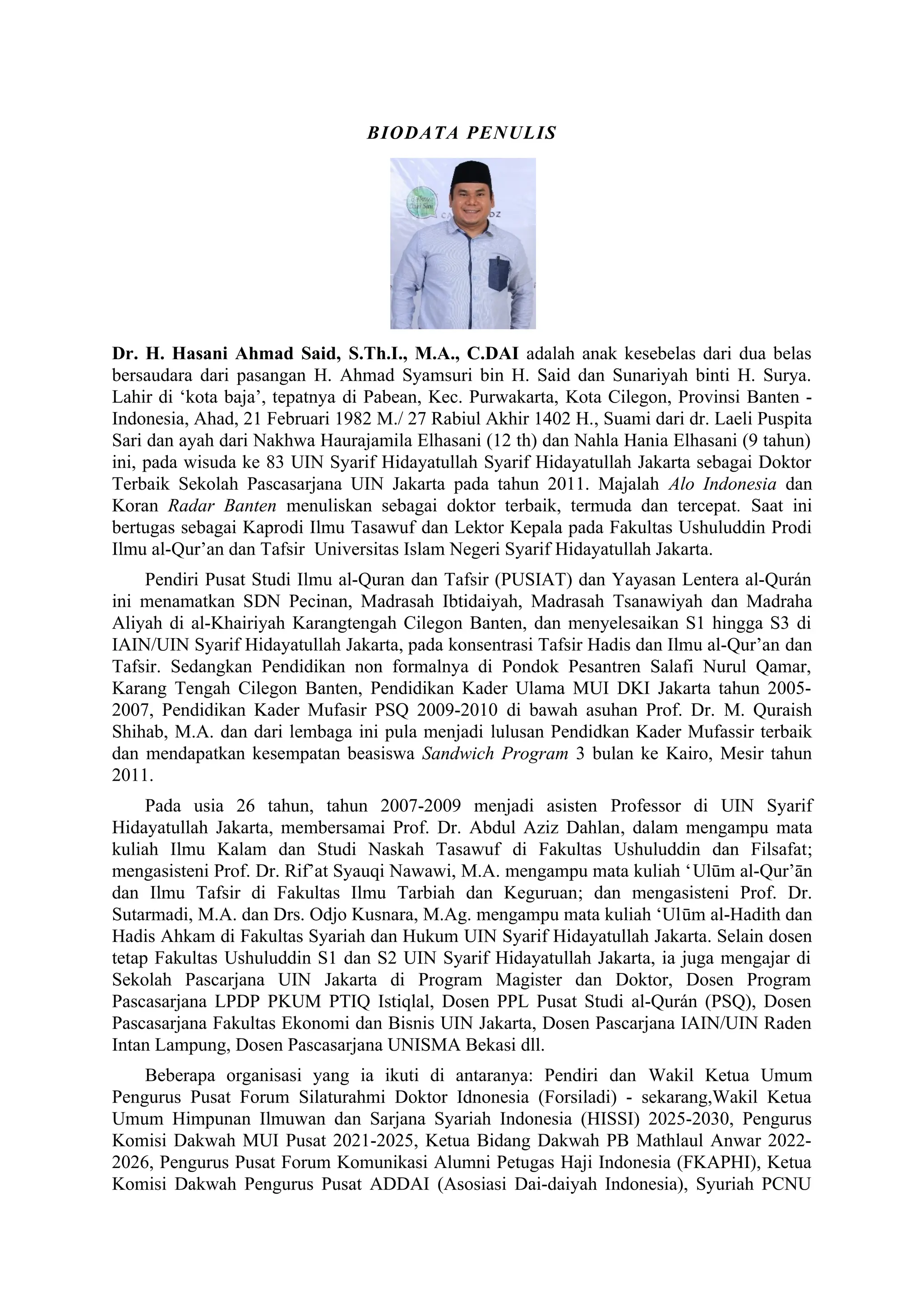 Biodata Dr. Hasani Ahmad Said, S.Th.I., M.A., C.DAI 2026 | DOCX